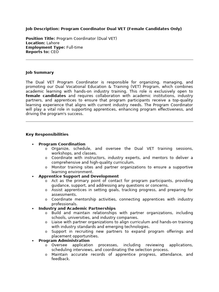 Female Program Coordinator - Dual VET Role | PDF | Vocational Education ...