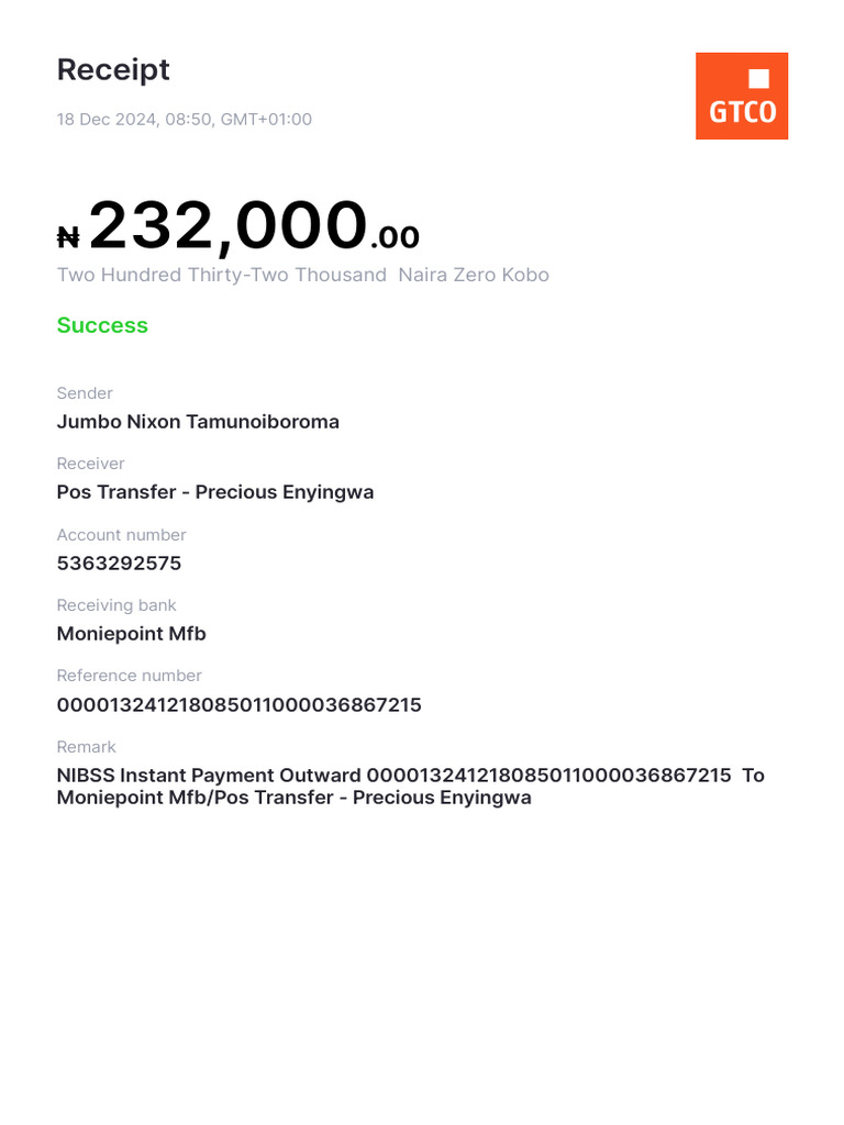 Moniepoint Transfer Receipt - ₦232,000 | PDF