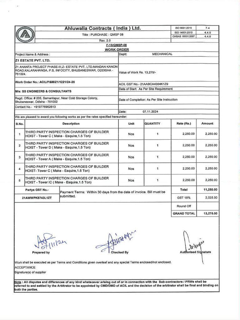 Work Order for SS Engineers & Consultants | PDF