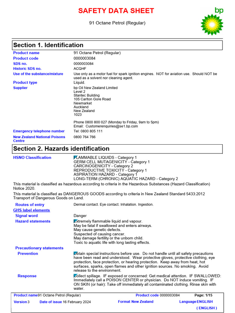 Safety Data Sheet: 91 Octane Petrol | PDF | Gasoline | Dangerous Goods