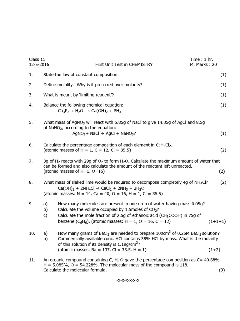 Cbse Class 11 Ut1 Chemistry 2017 | PDF | Mole (Unit) | Chemistry