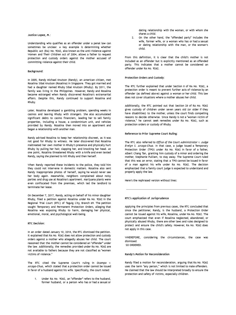 Father's Legal Challenge Under RA 9262 | PDF | Child Abuse | Violence