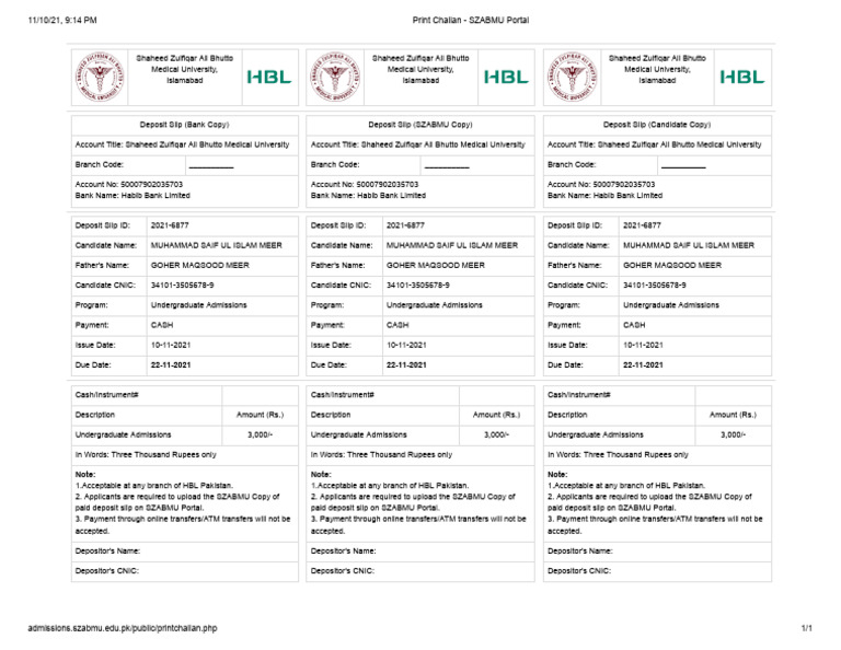 SZABMU Admission Deposit Slip | PDF | Cash | Deposit Account