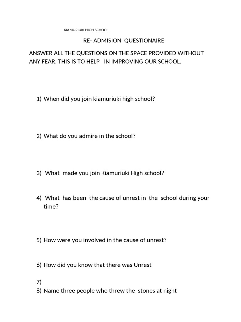 Kiamuriuki High School Questionaire | PDF