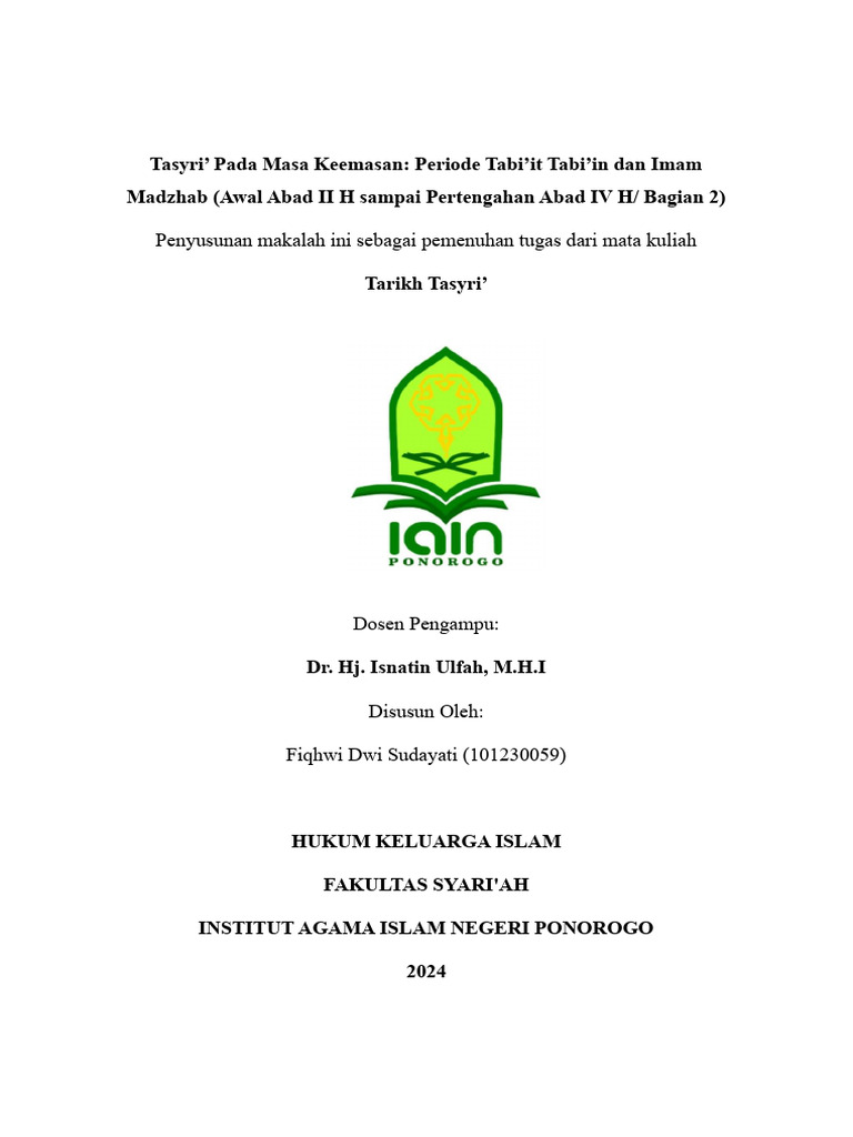 Tasyri Pada Masa Keemasan Periode Tabiit Tabiin Dan Imam Madzhab | PDF