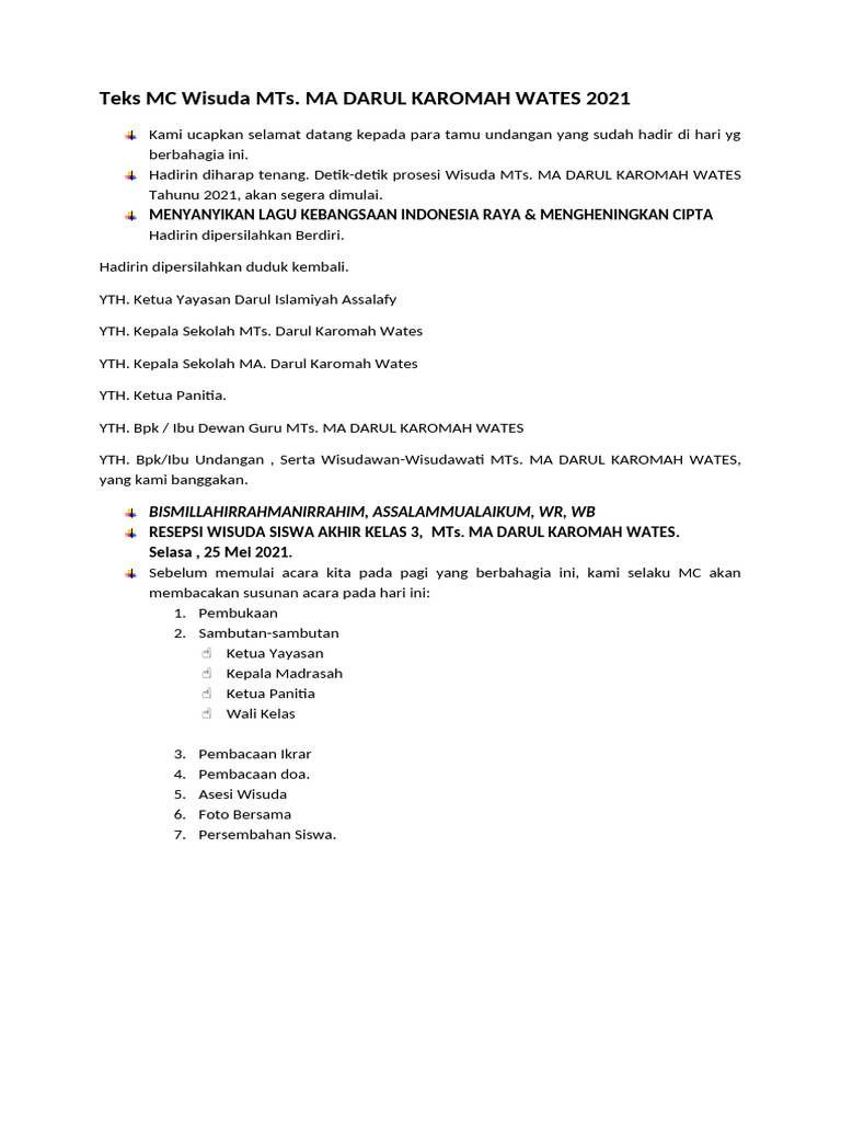 Teks MC Wisuda MTs MA Darul Karomah 2021 | PDF