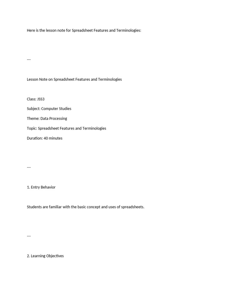 Spreadsheet Features for JSS3 Students | PDF | Spreadsheet | Microsoft Excel