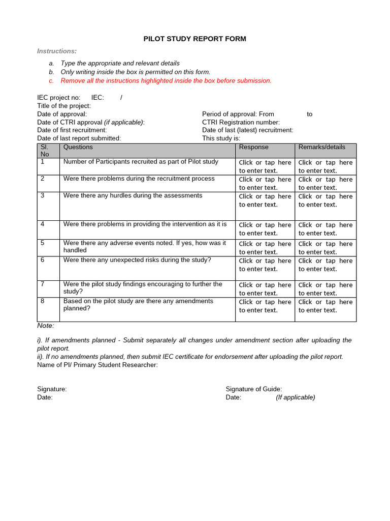 Pilot Study Report Form | PDF