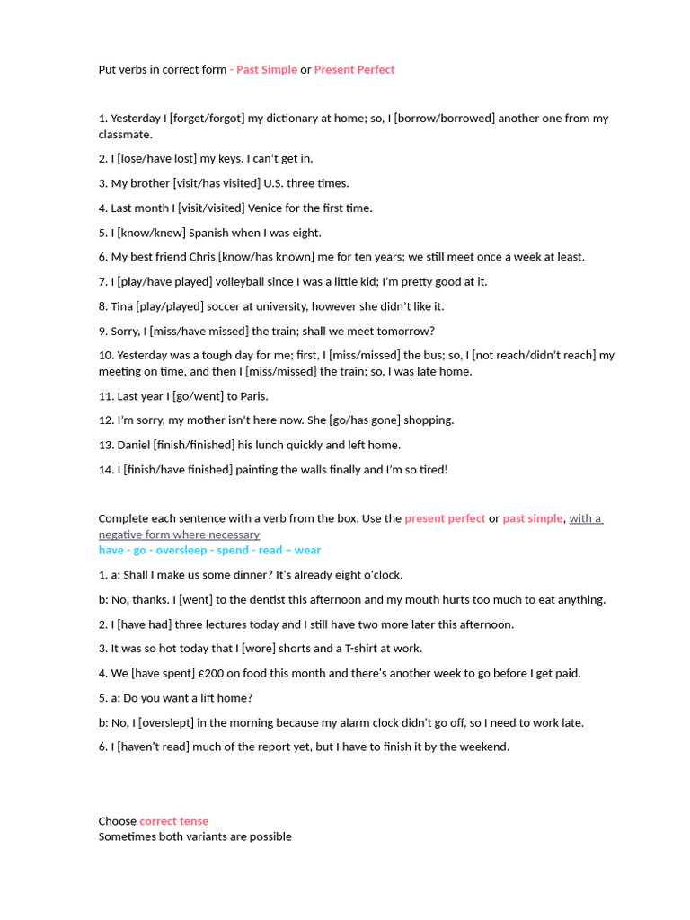 Past Simple, Present Perfect, Present Perfect Continuous - Exercises ...