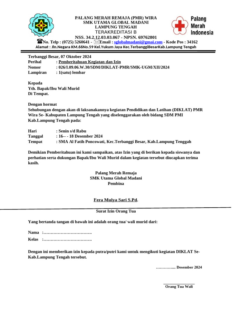 Pemberitahuan DIKLAT PMR Wira | PDF