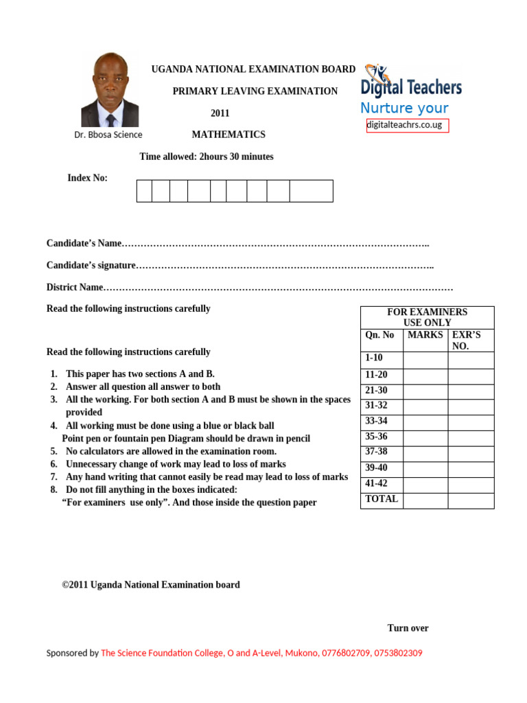 Uganda 2011 Primary Leaving Math Exam | PDF