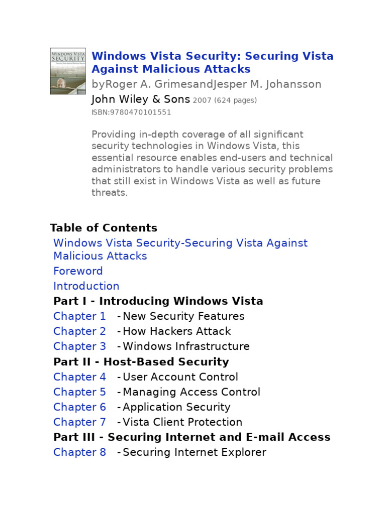 Windows Vista Security_ Securing Vista Against Malicious Attacks | PDF | Booting | Computer Security