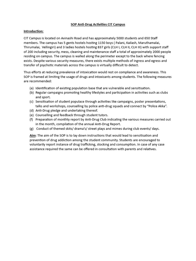 SOP for Anti-Drug Activities at CIT Campus | PDF | Substance Abuse ...