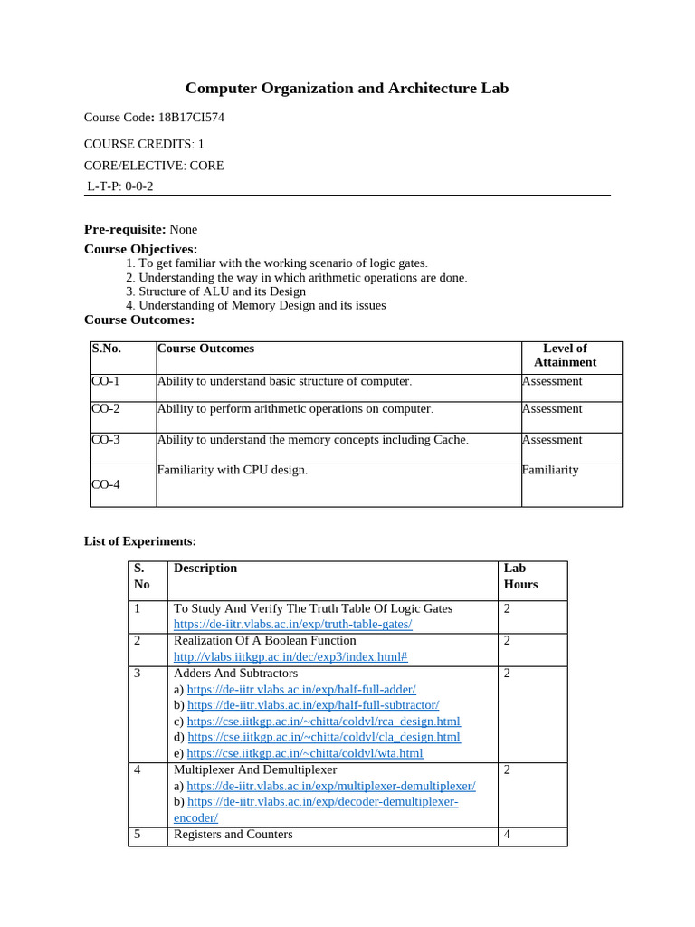 LAB SCHEDULE_Computer Organization and Architecture Lab -rearranged | PDF | Central Processing ...