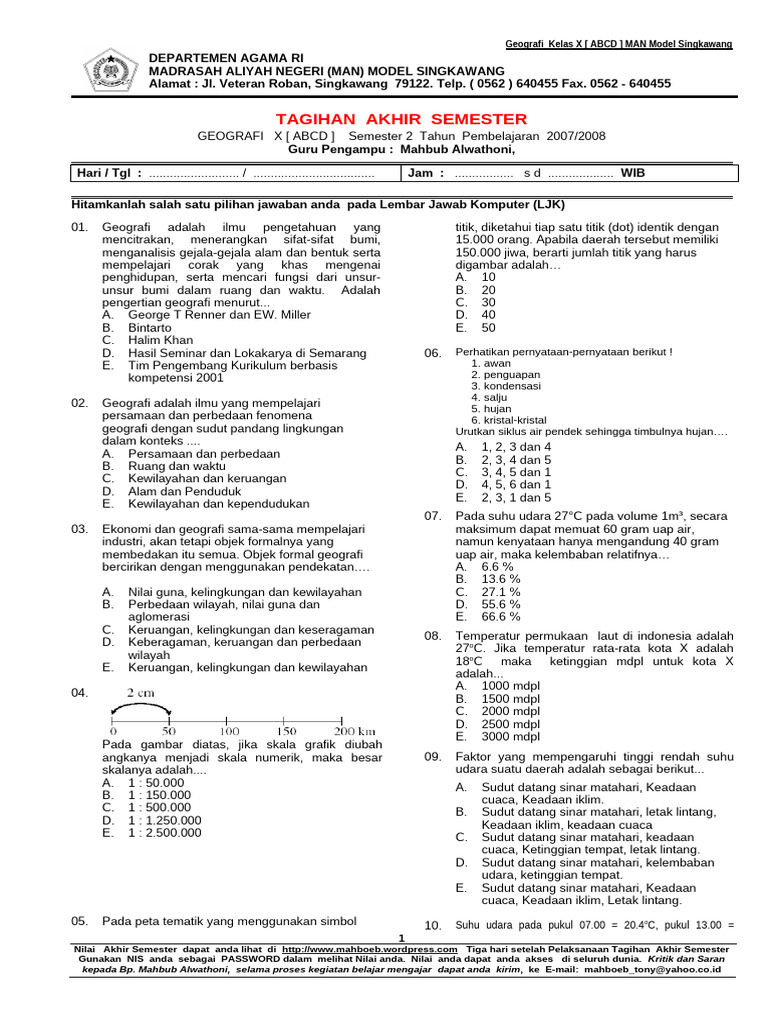 Soal-Geografi-X-Dan-Kunci-Jawaban 1 2 | PDF