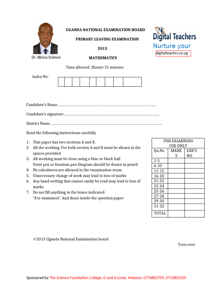 2013 Uganda PLE Mathematics Paper | PDF