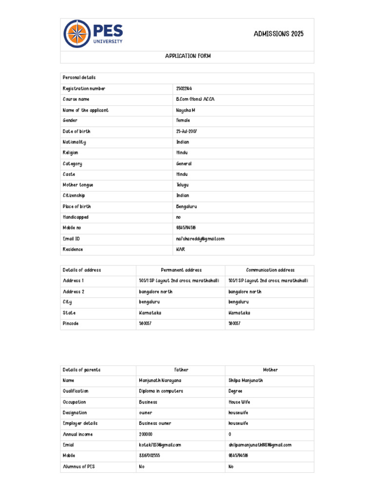 Application Form | PDF | Bangalore