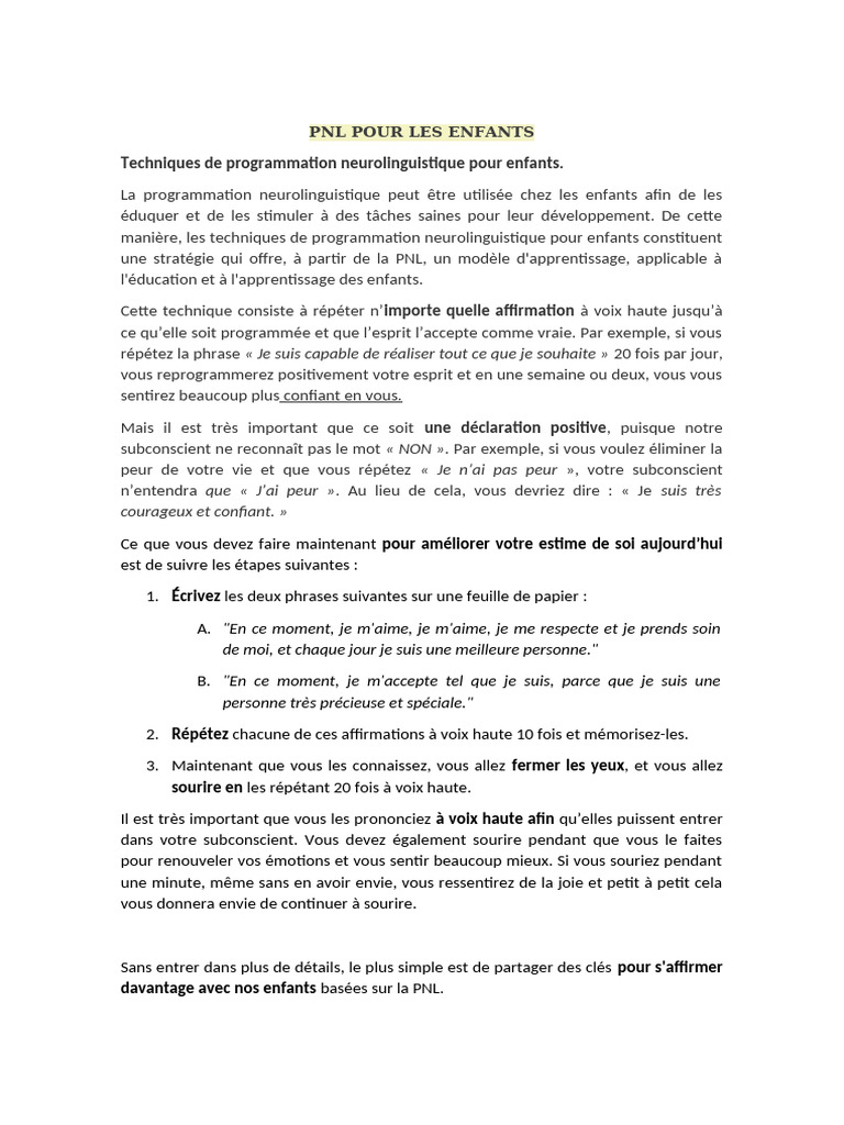 PNL : Techniques Positives pour Enfants | PDF | Programmation neuro ...