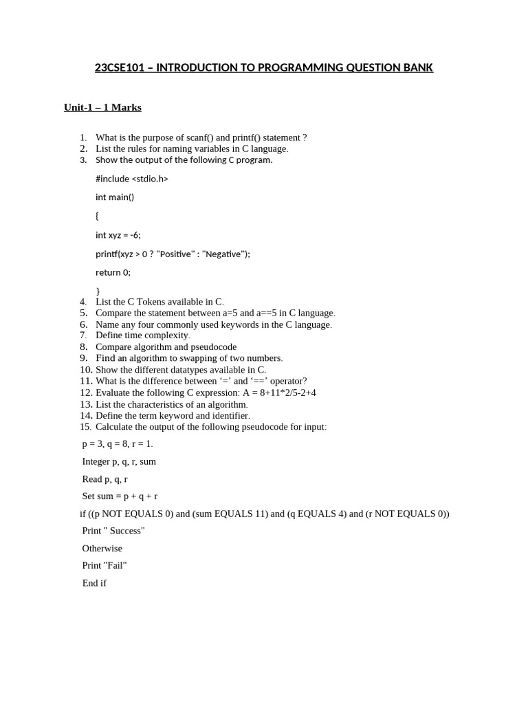 23CSE101 IP QUESTUION BANK FOR ALL UNITS Updated | PDF | Parameter (Computer Programming ...