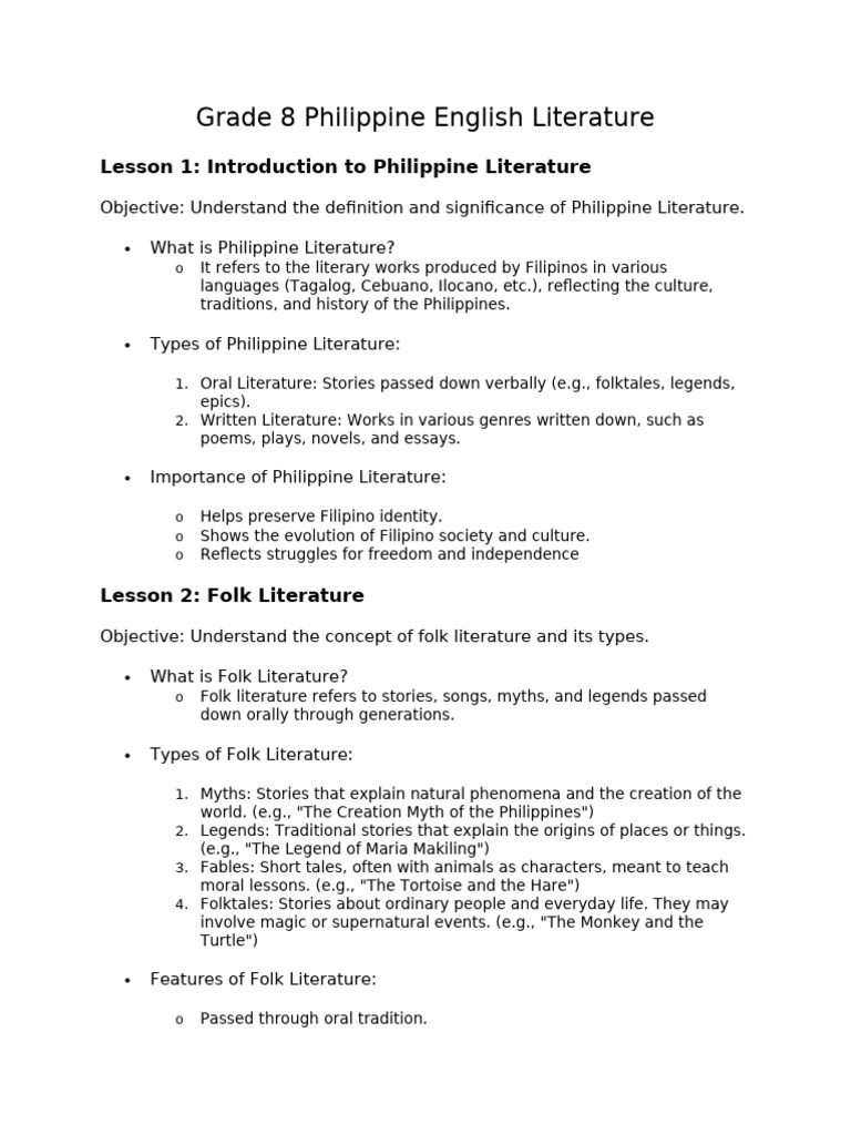 Grade 8 Philippine Literature Overview | PDF | Poetry | Folklore