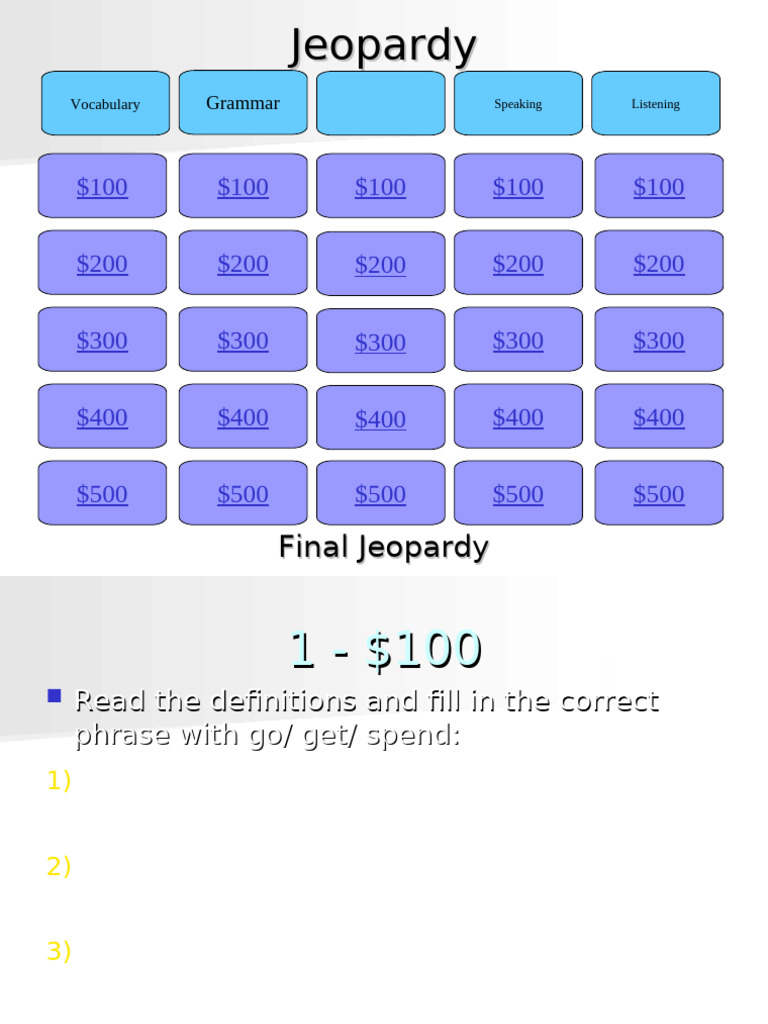 Jeopardy Speakout Pre-INTERM | PDF | Linguistics | Grammar