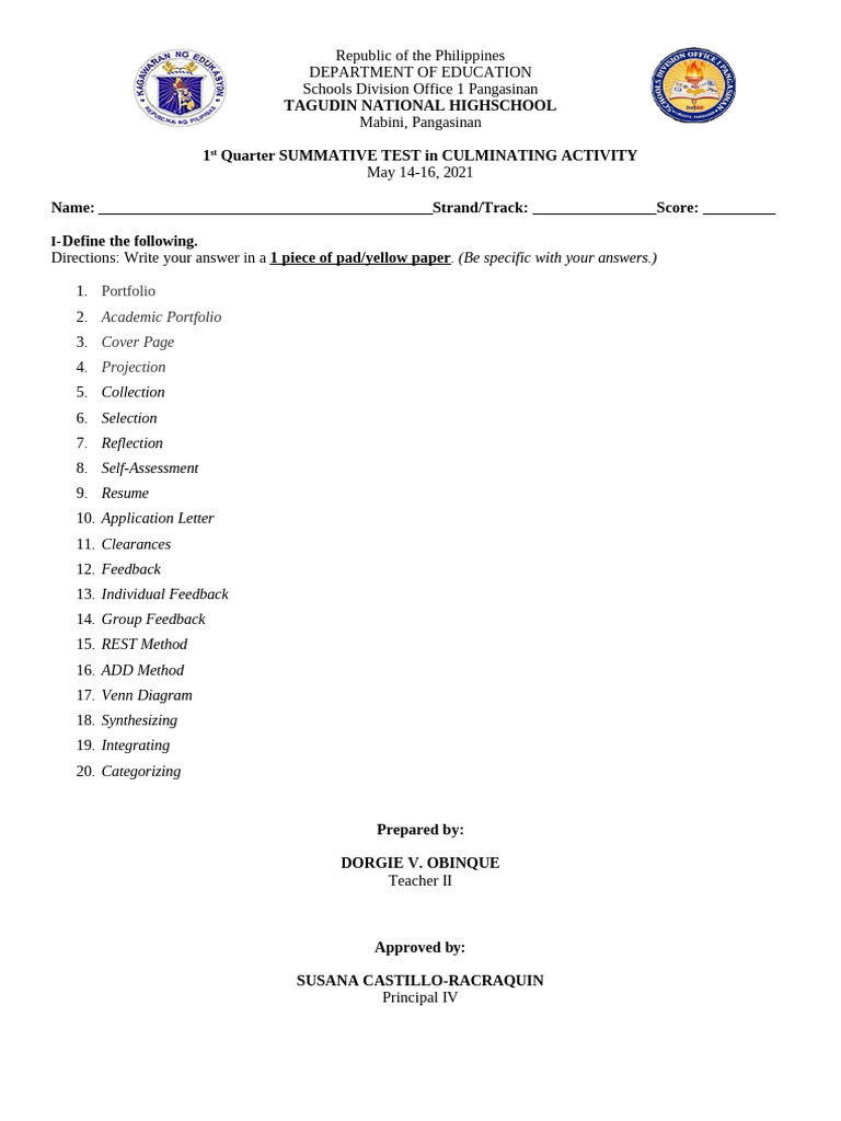 1st Quarter Summative Test in Culminating Activity | PDF