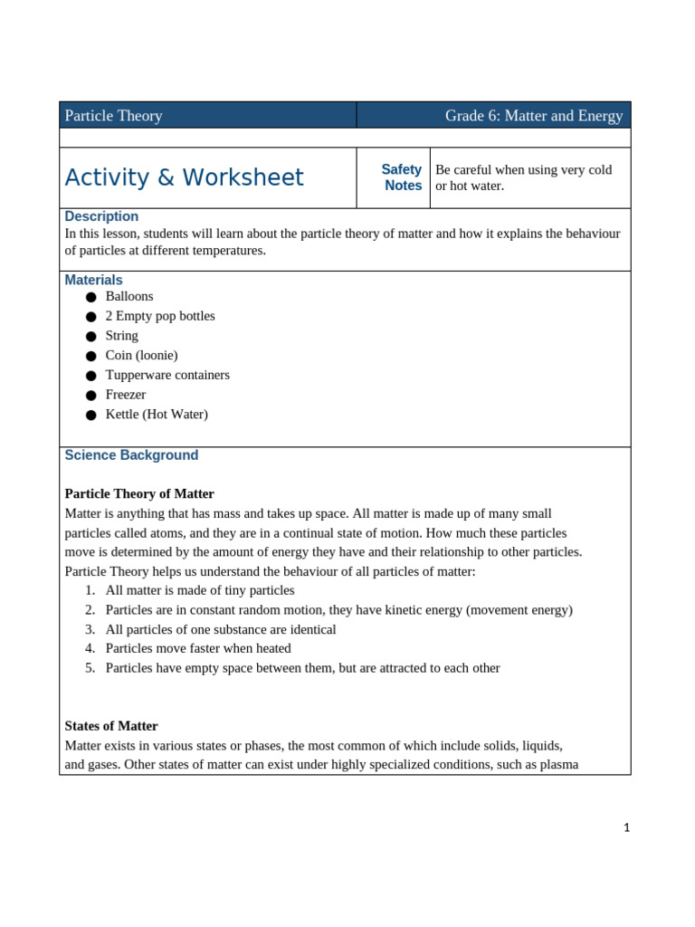 Particle Theory of Matter for Grade 6 | PDF | Matter | Gases