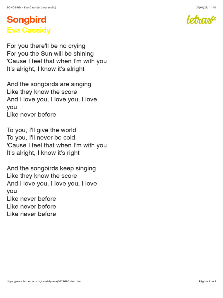Songbird Lyrics by Eva Cassidy | PDF