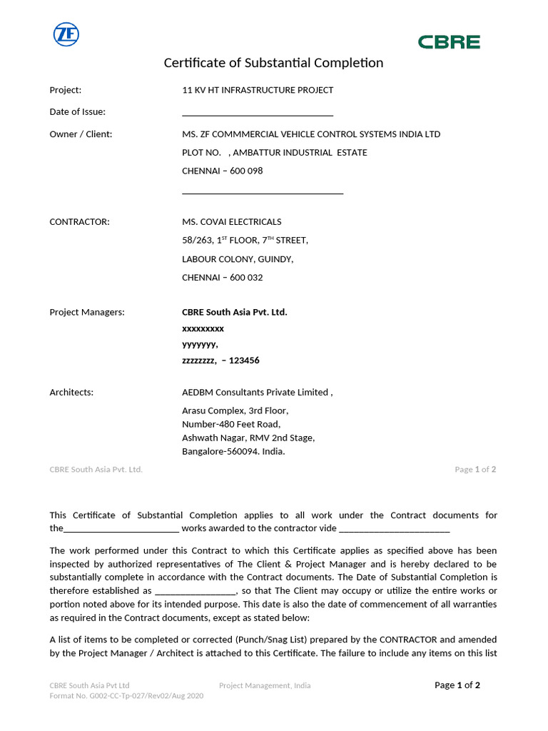 Substantial Completion Certificate Template | PDF | Private Law