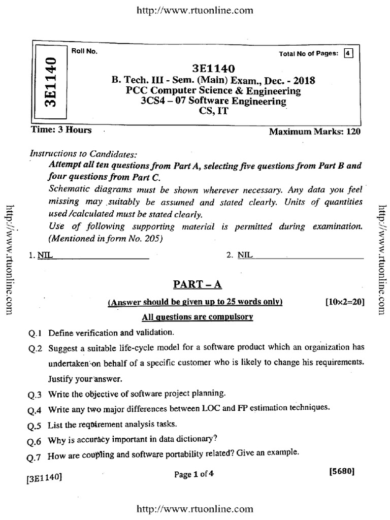 Btech Cs It 3 Sem Software Engineering 3e1140 Dec 2018 | PDF