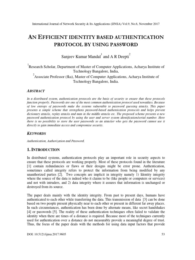 An Efficient Identity Based Authentication Protocol by Using Password | PDF | Password ...