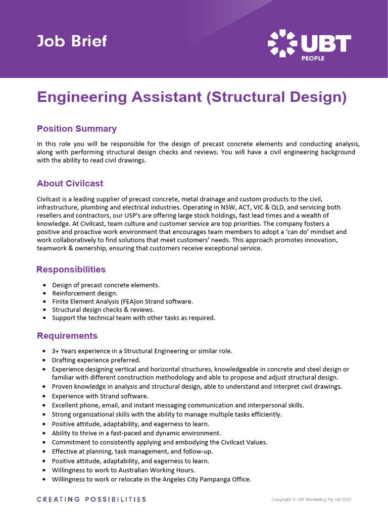 Job Brief - Engineering Assistant (Structural Design) | PDF