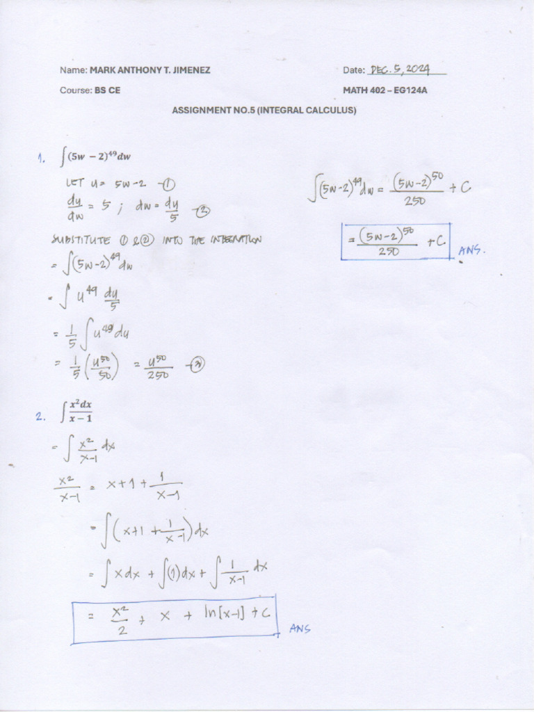 Assignment 5 Integral Calculus | PDF