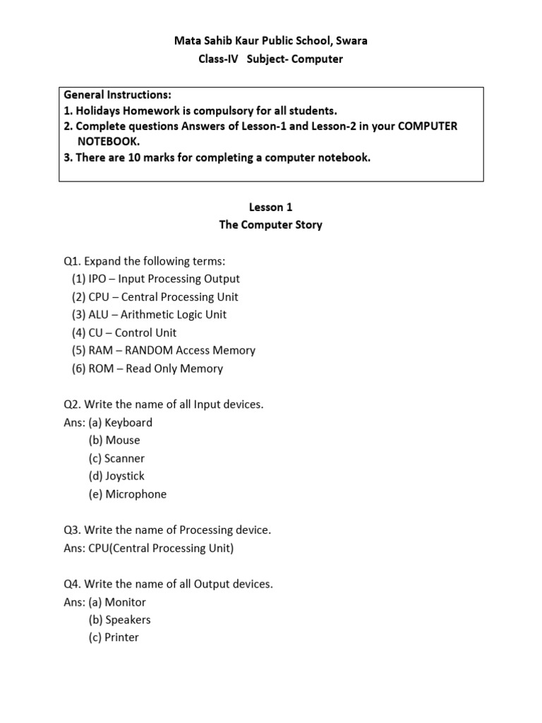 Holiday Homework Class 4th Computer | PDF
