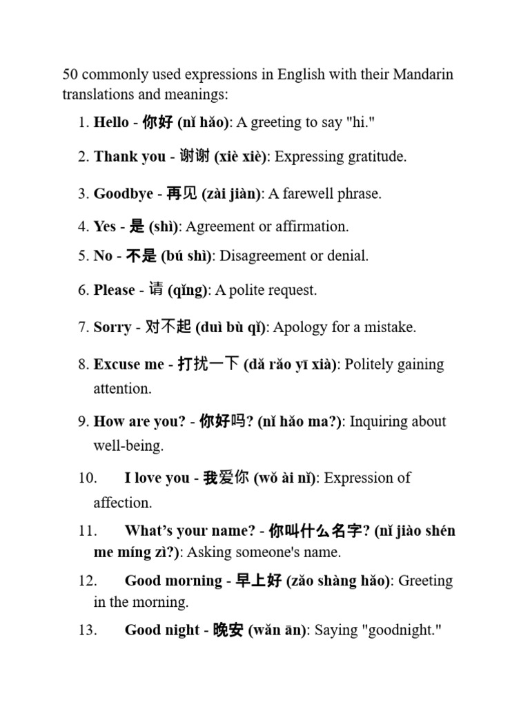 50 Commonly Used Expressions in English With Their Mandarin ...