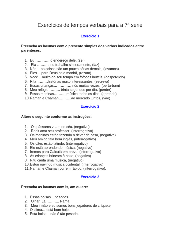 Exercícios de Tempos Verbais para 7ª Série | PDF