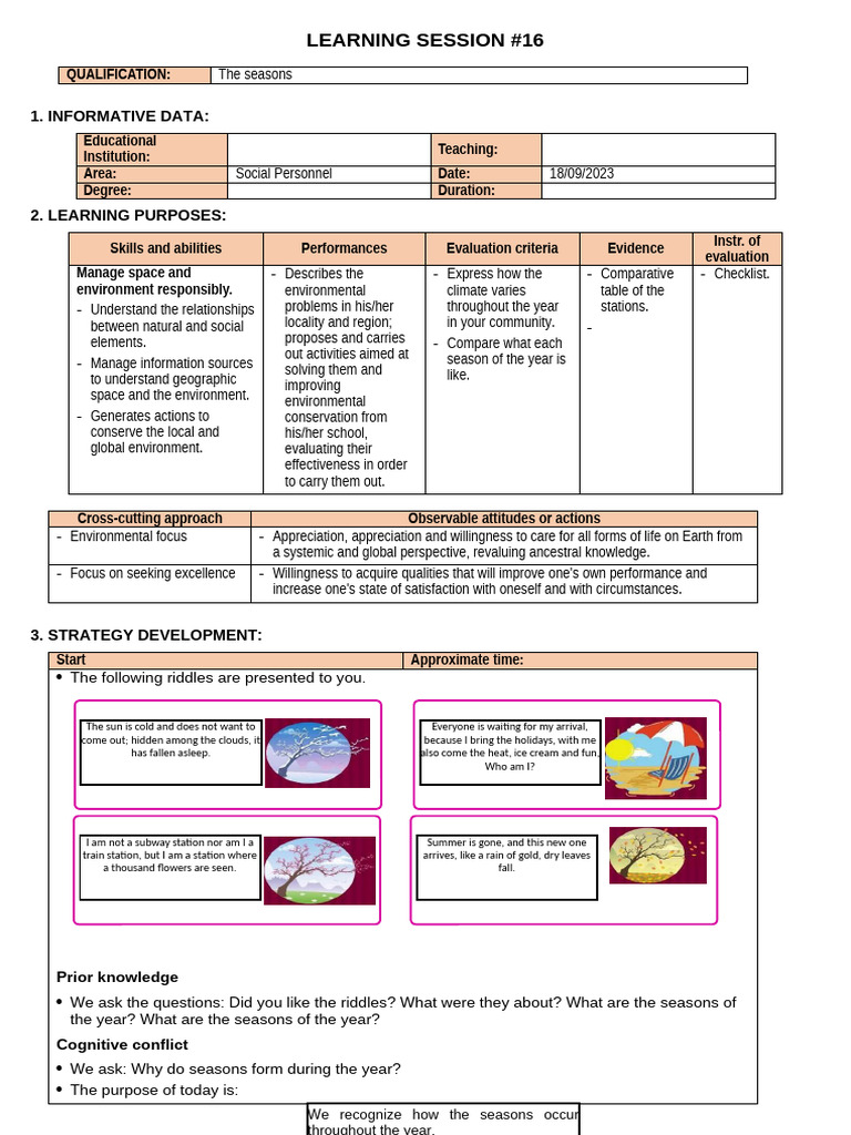 LEARNING SESSION THE SEASONS SOCIAL PERSONAL | PDF | Cognition