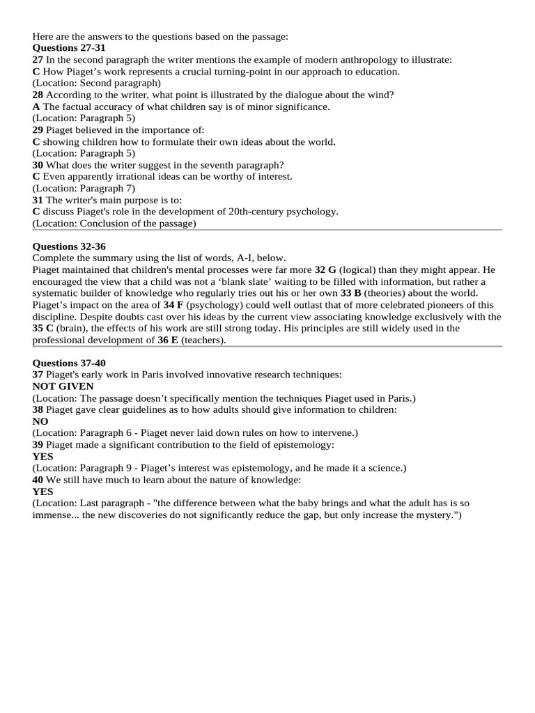 Jean Piaget Answers Location | PDF