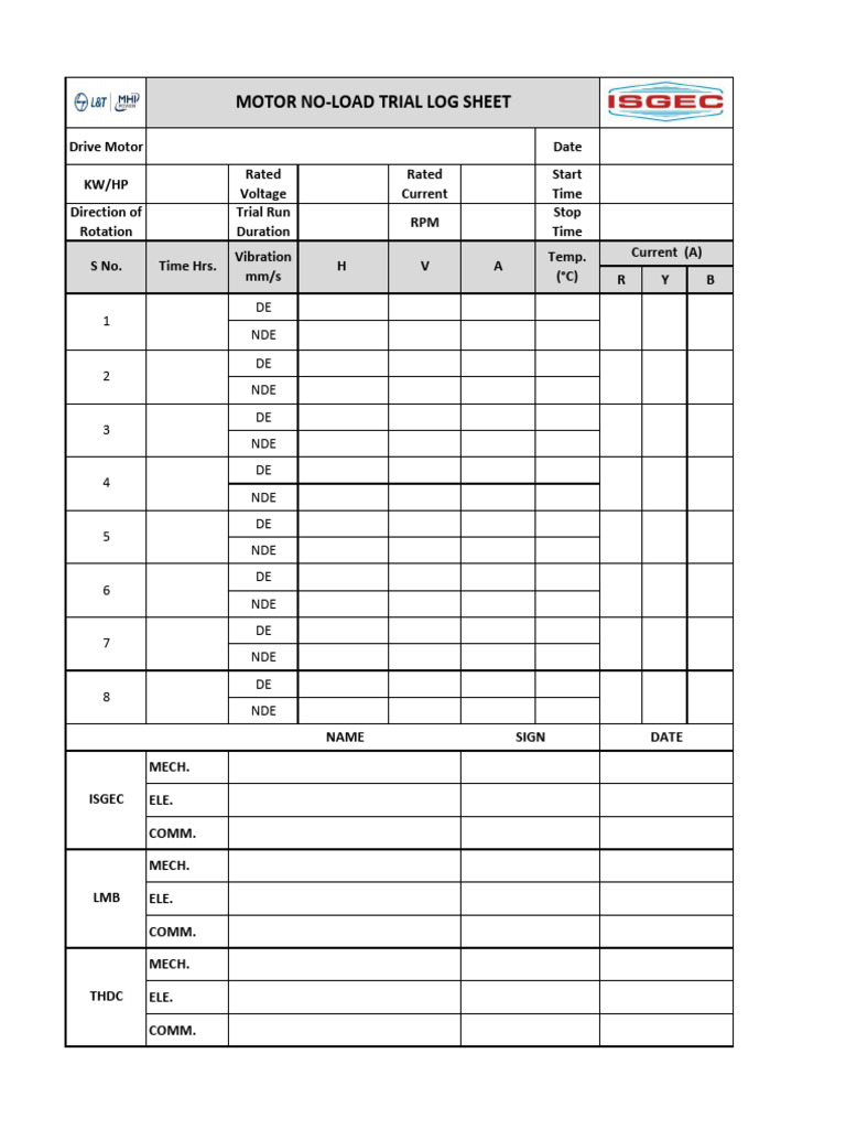 No- Load Trial Log Sheet | PDF