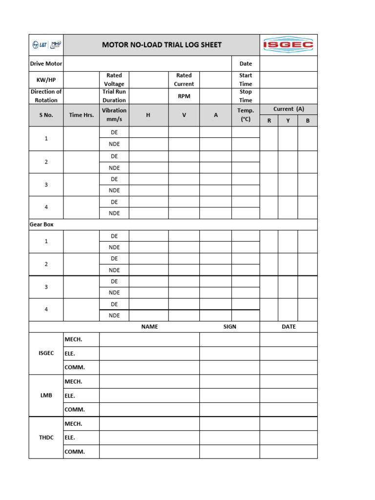 Motor No-Load Trial Log Sheet | PDF