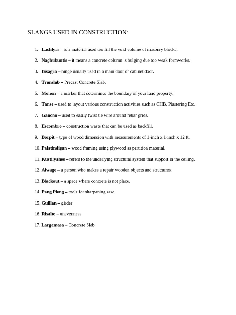 Construction Slang Terms Explained | PDF