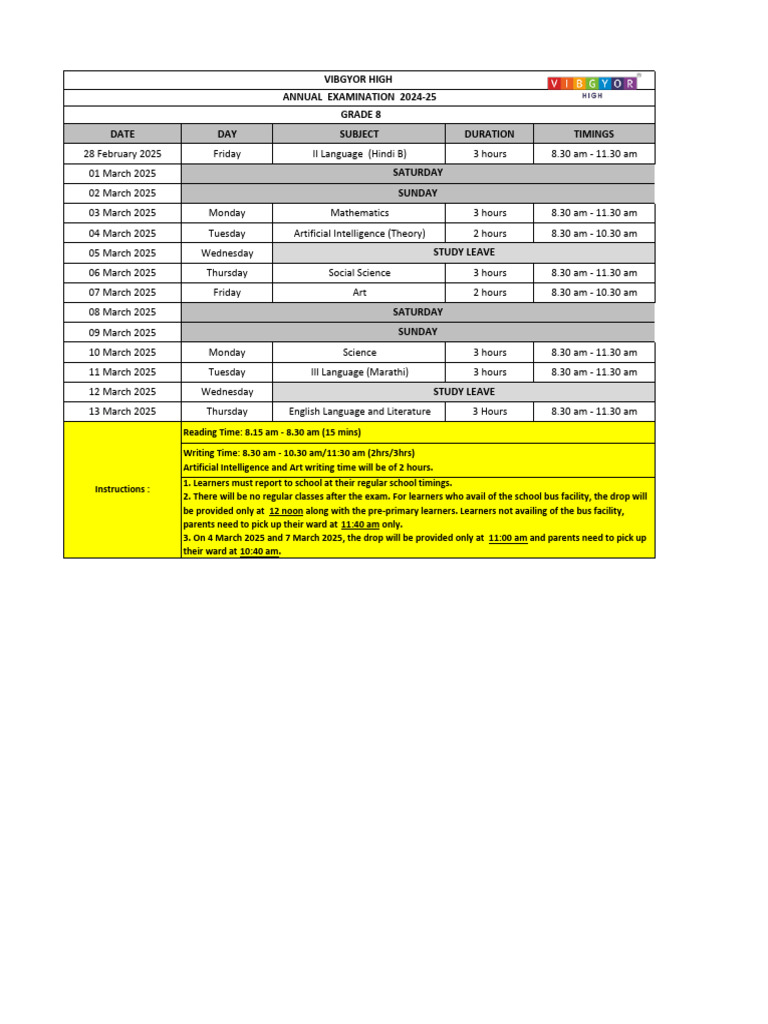 Annexure 1. A. 7 Cbse Grade 8 Yearly Exam Timetable Ay 2024 25 | PDF