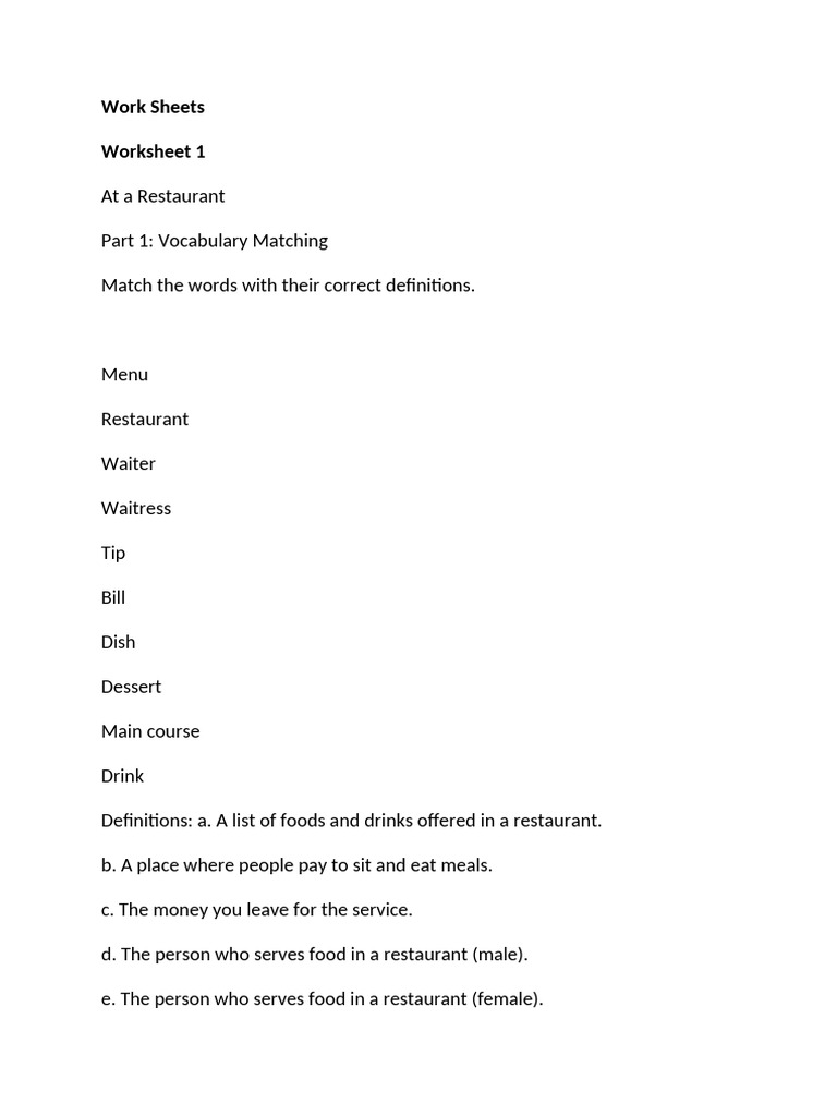 Work Sheets | PDF | Waiting Staff | Restaurants