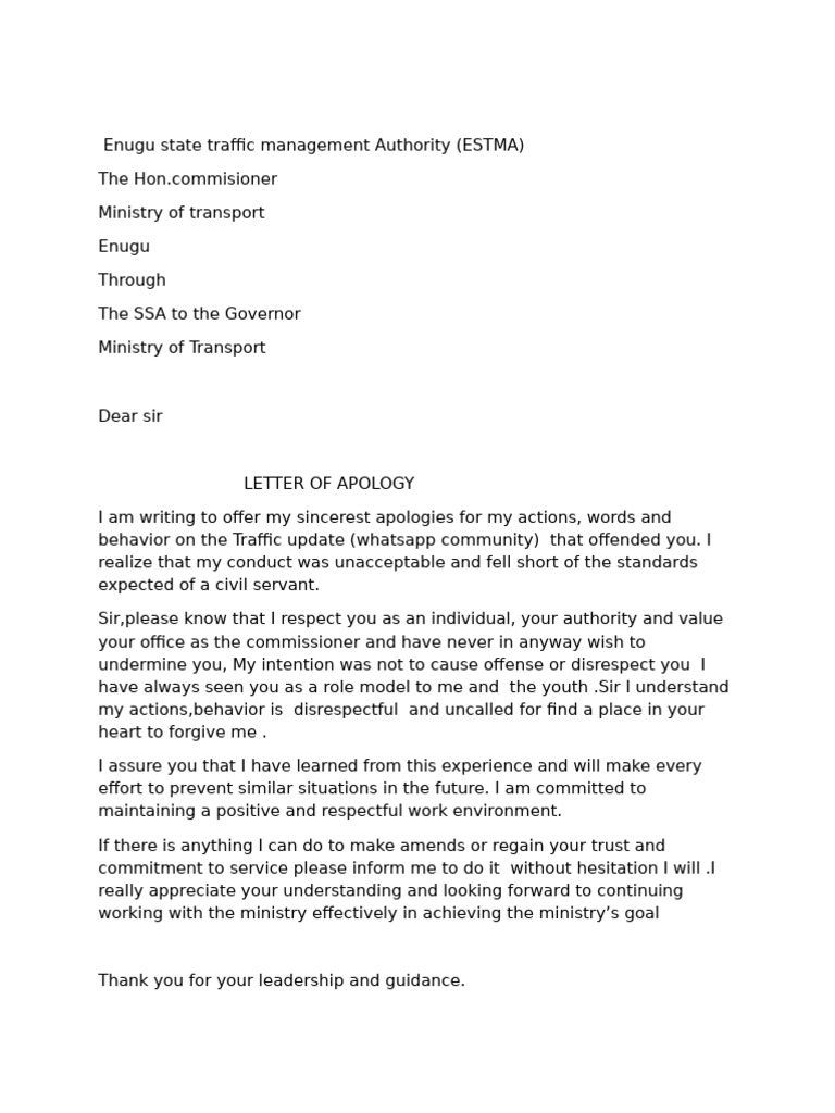 Apology Letter to Enugu Transport Commissioner | PDF