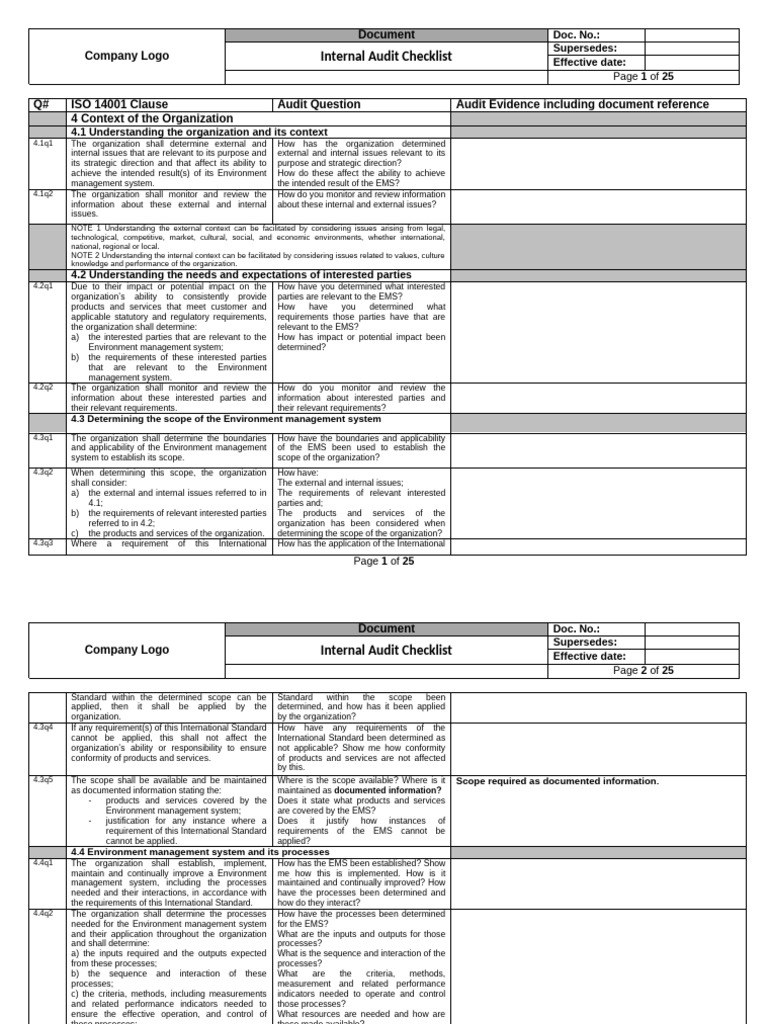 Internal Audit Checklist ISO 14001 | PDF | Risk | Calibration