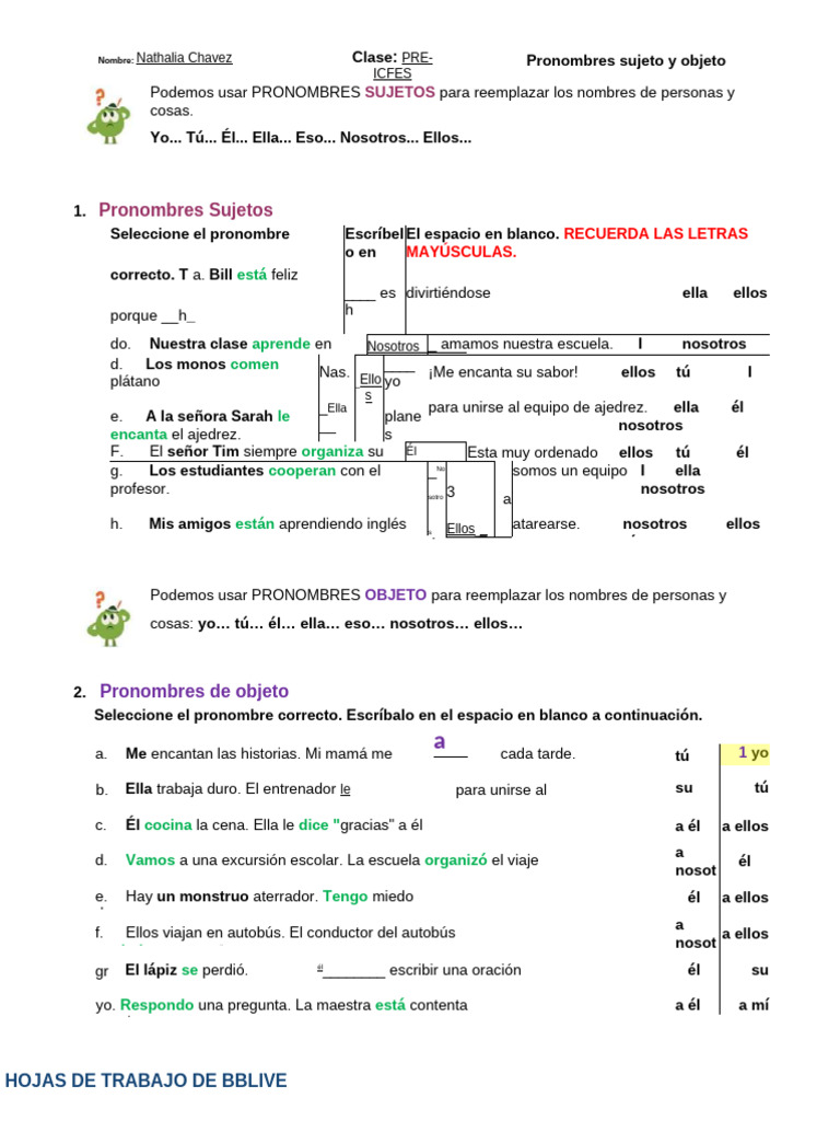 Pronombres Sujeto y Objeto - Editable | PDF