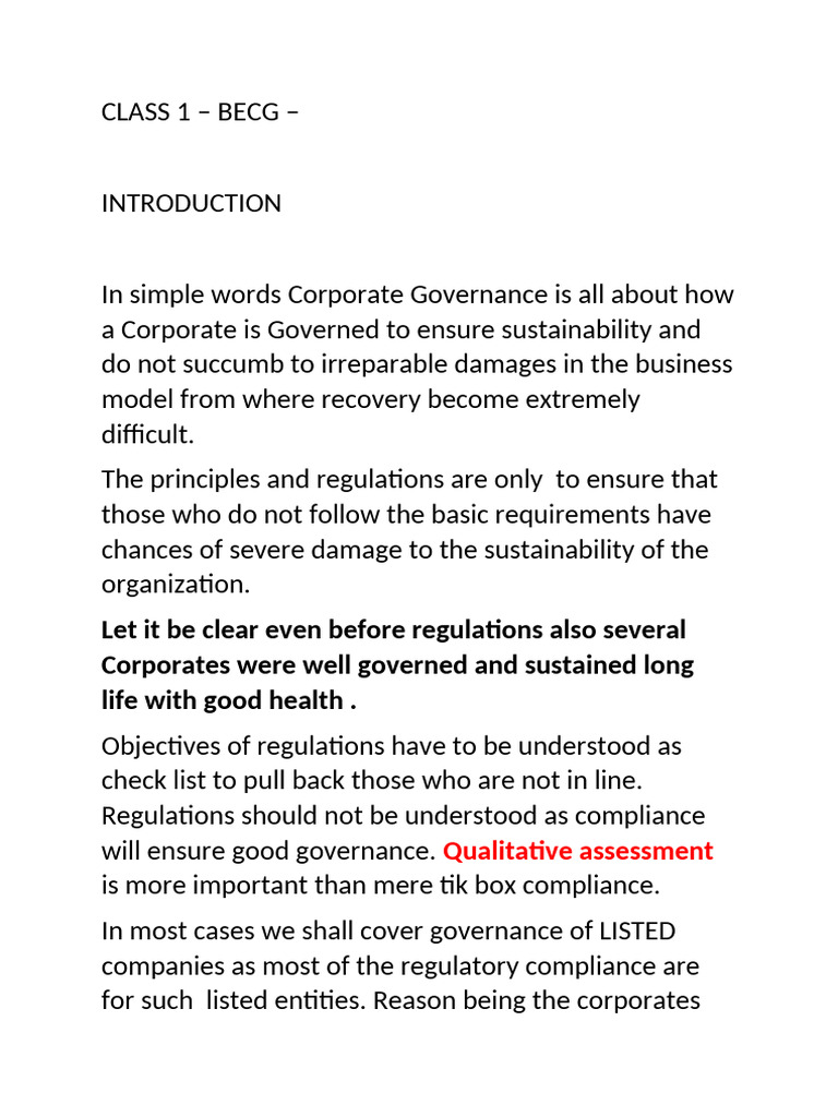 CLASS 1 - BECG INTRODUCTION (1) | PDF | Corporate Governance | Governance