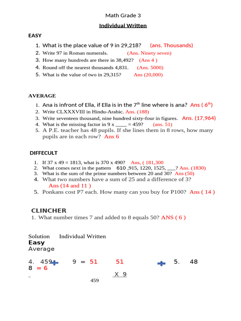 Math Grade 3 TEAM ORAL INDIVIDUAL GUINBAOYAN SUR ES | PDF | Mathematics | Arithmetic