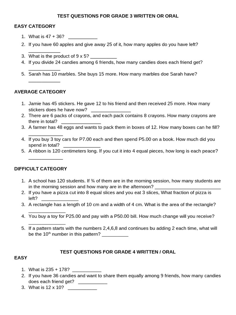 Grade 3-4 Math Test Questions | PDF