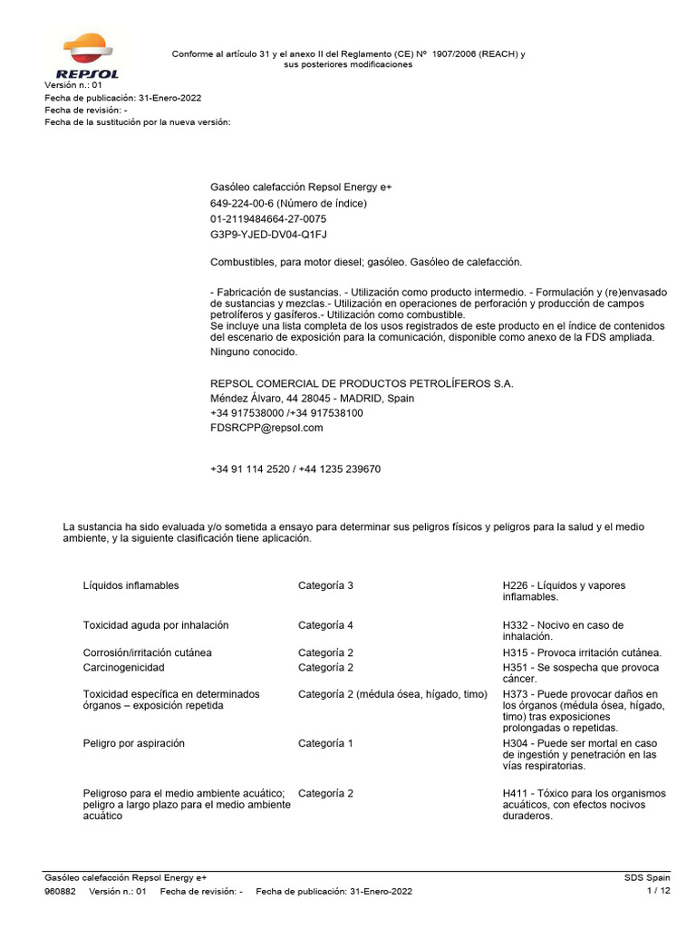 FDS Gasóleo Repsol: Peligros y Primeros Auxilios | PDF | Combustible diesel | Sustancias químicas